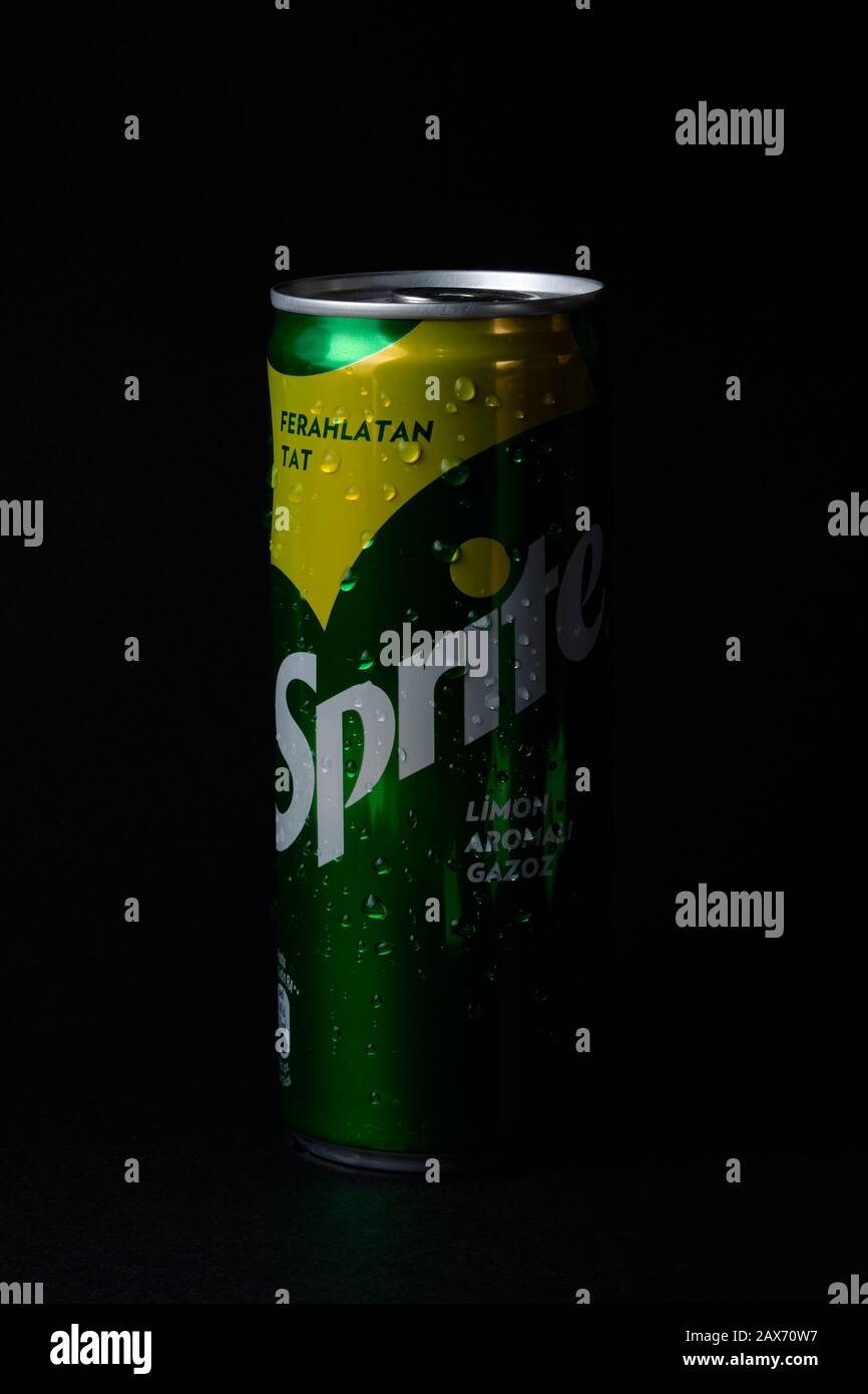 Mersin, Turkey - February 2020. Chilled Sprite can with water drops and ...