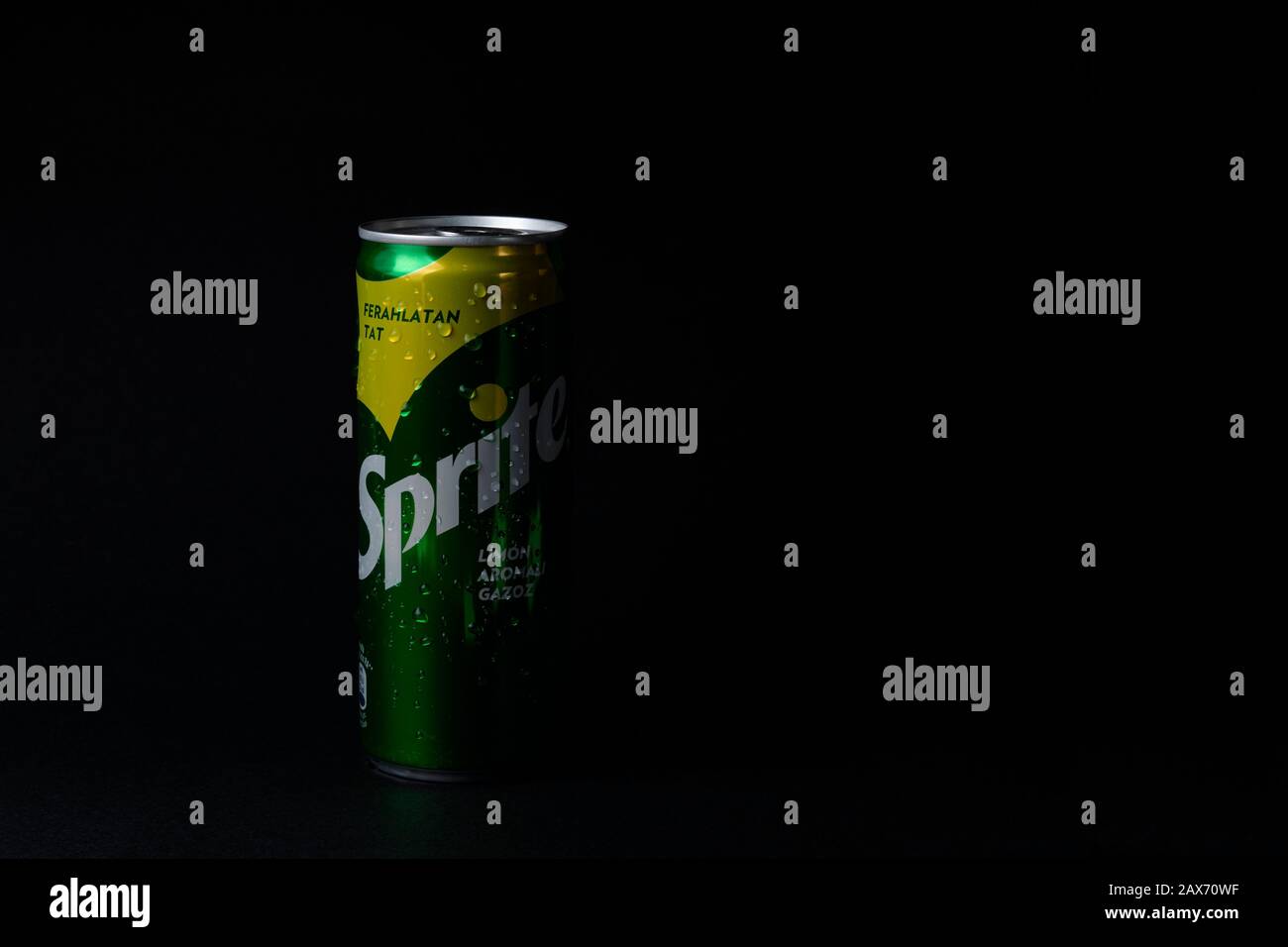 Mersin, Turkey - February 2020. Chilled Sprite can with water drops and ...