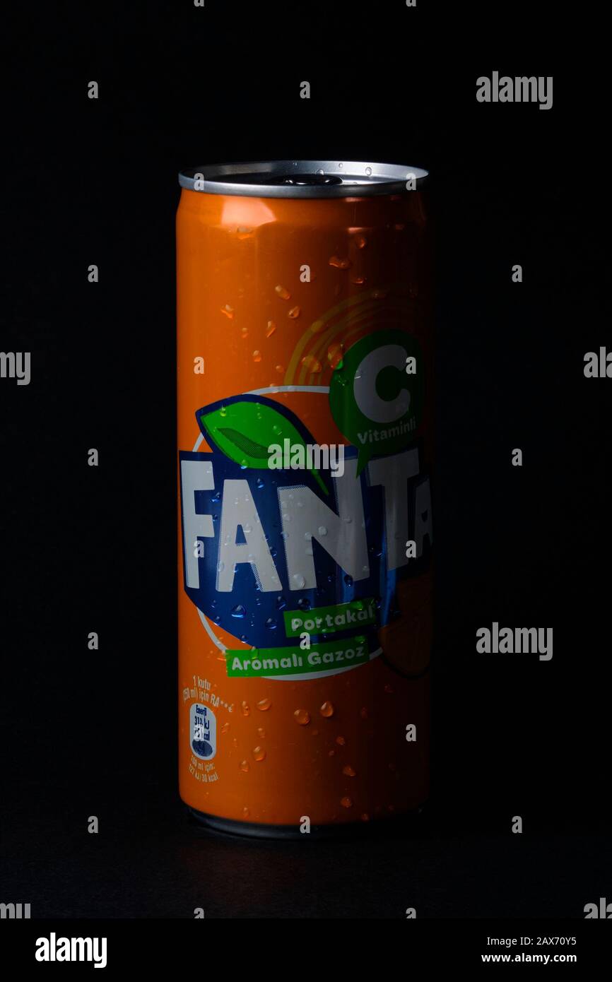 Mersin, Turkey - February 2020. Chilled Fanta can with water drops and ...