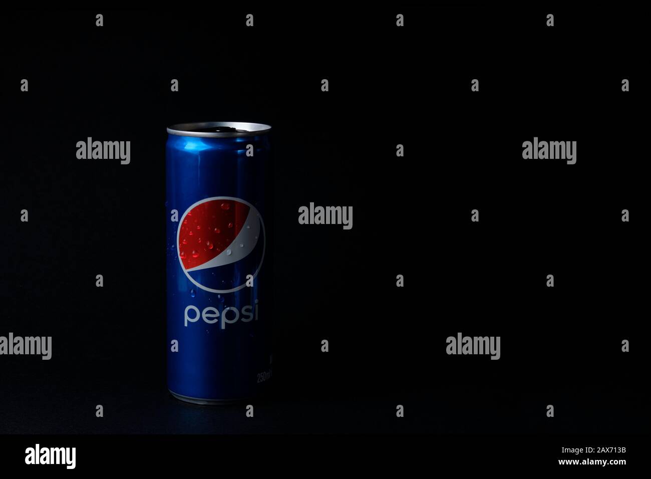 Mersin, Turkey - February 2020. Chilled Pepsi can with water drops at ...