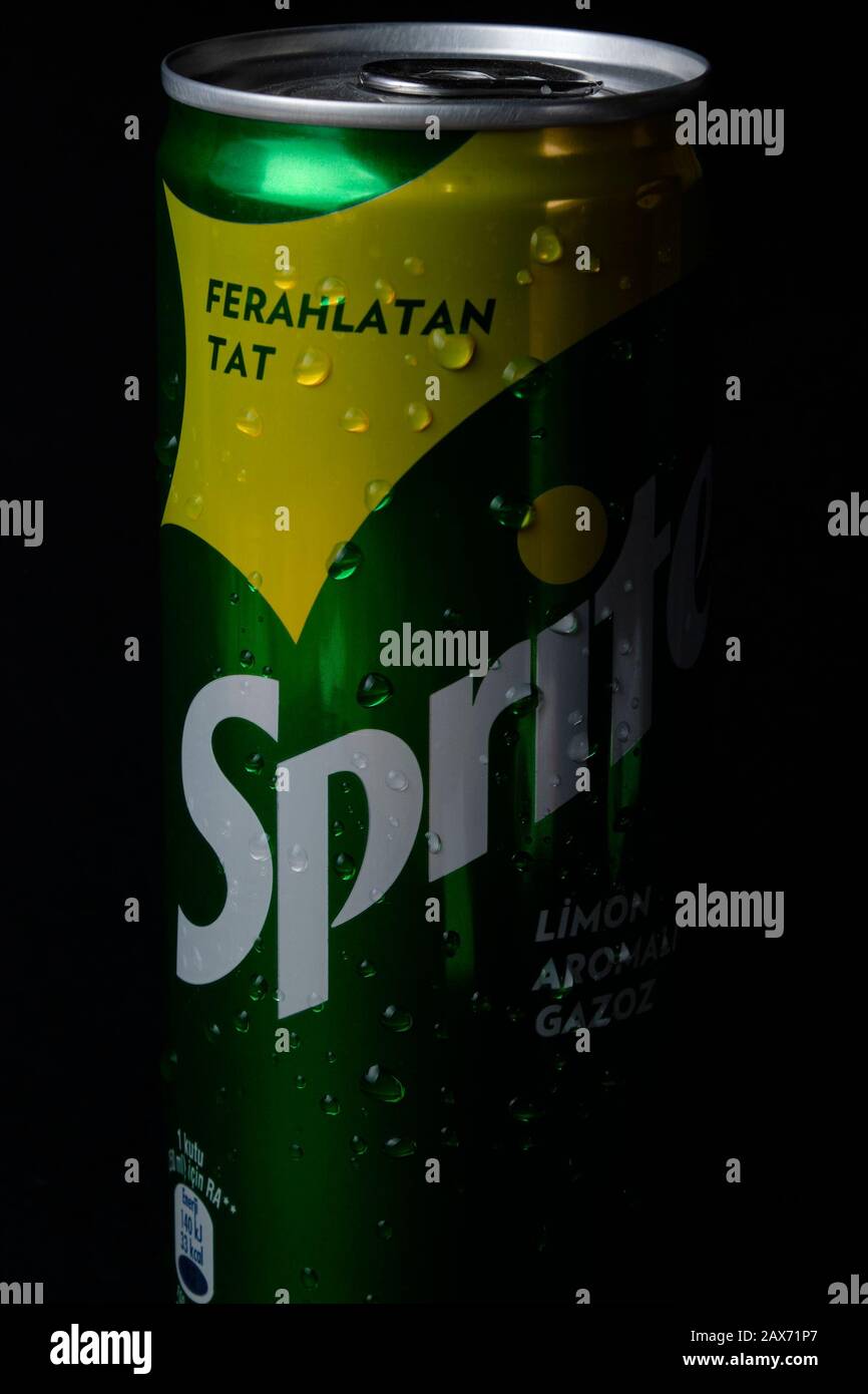 Mersin, Turkey - February 2020. Chilled Sprite can with water drops and ...
