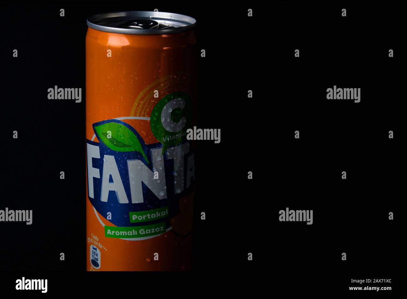 Mersin, Turkey - February 2020. Chilled Fanta can with water drops and ...