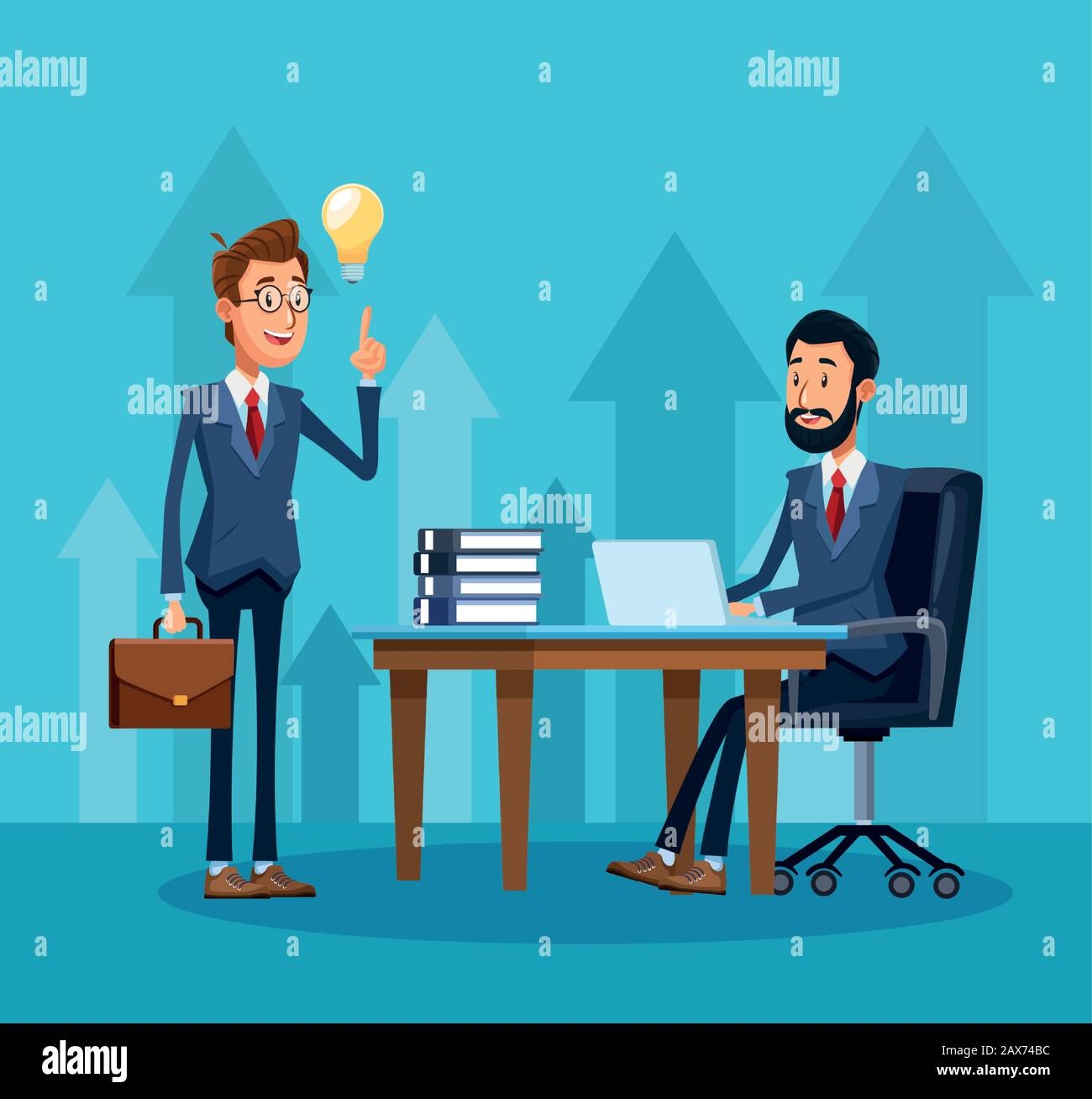 cartoon businessman standing and businessman sitting at office desk ...