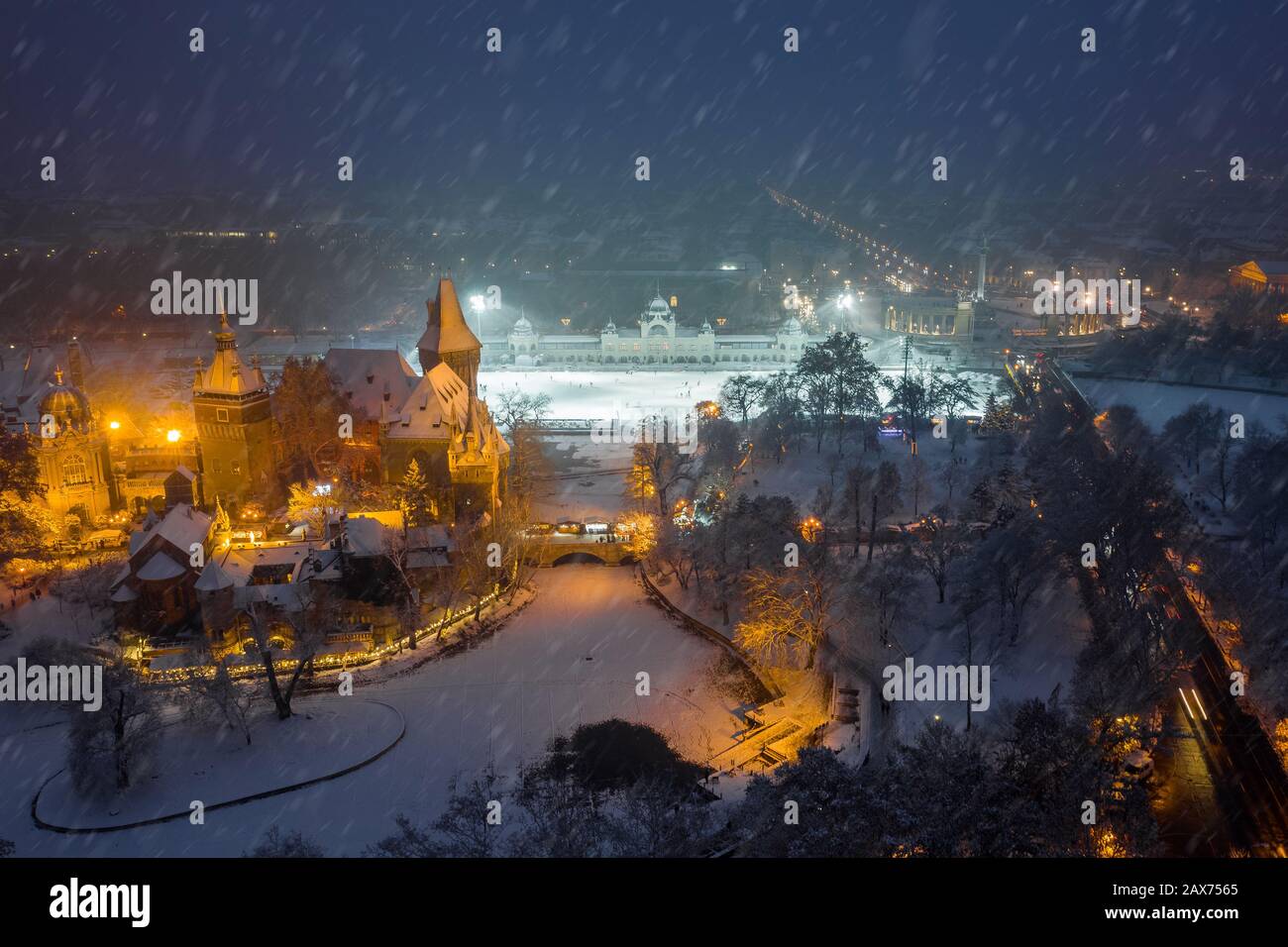 Budapest, Hungary - Aerial view of the beautiful snowy Vajdahunyad ...