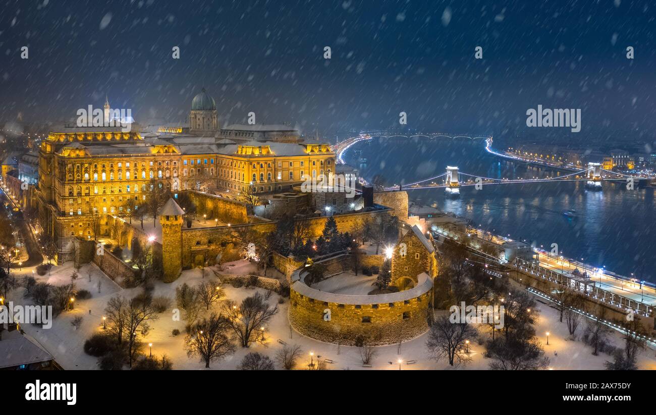 Budapest, Hungary - Aerial view of illuminated Buda Castle Royal Palace ...