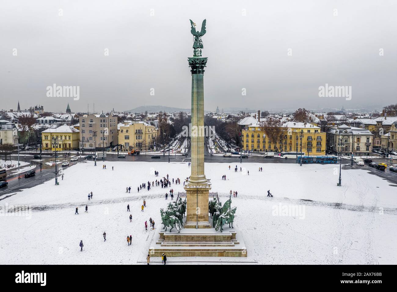 Budapest, Hungary - Aerial view of snowy Heroes' Square (Hosok tere ...