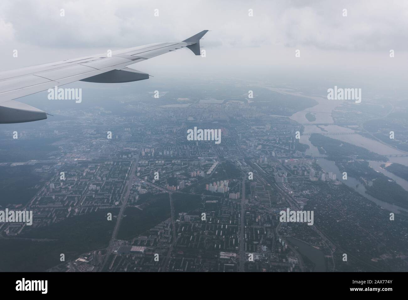 Kiev city with airplane window, Ukraine Stock Photo - Alamy