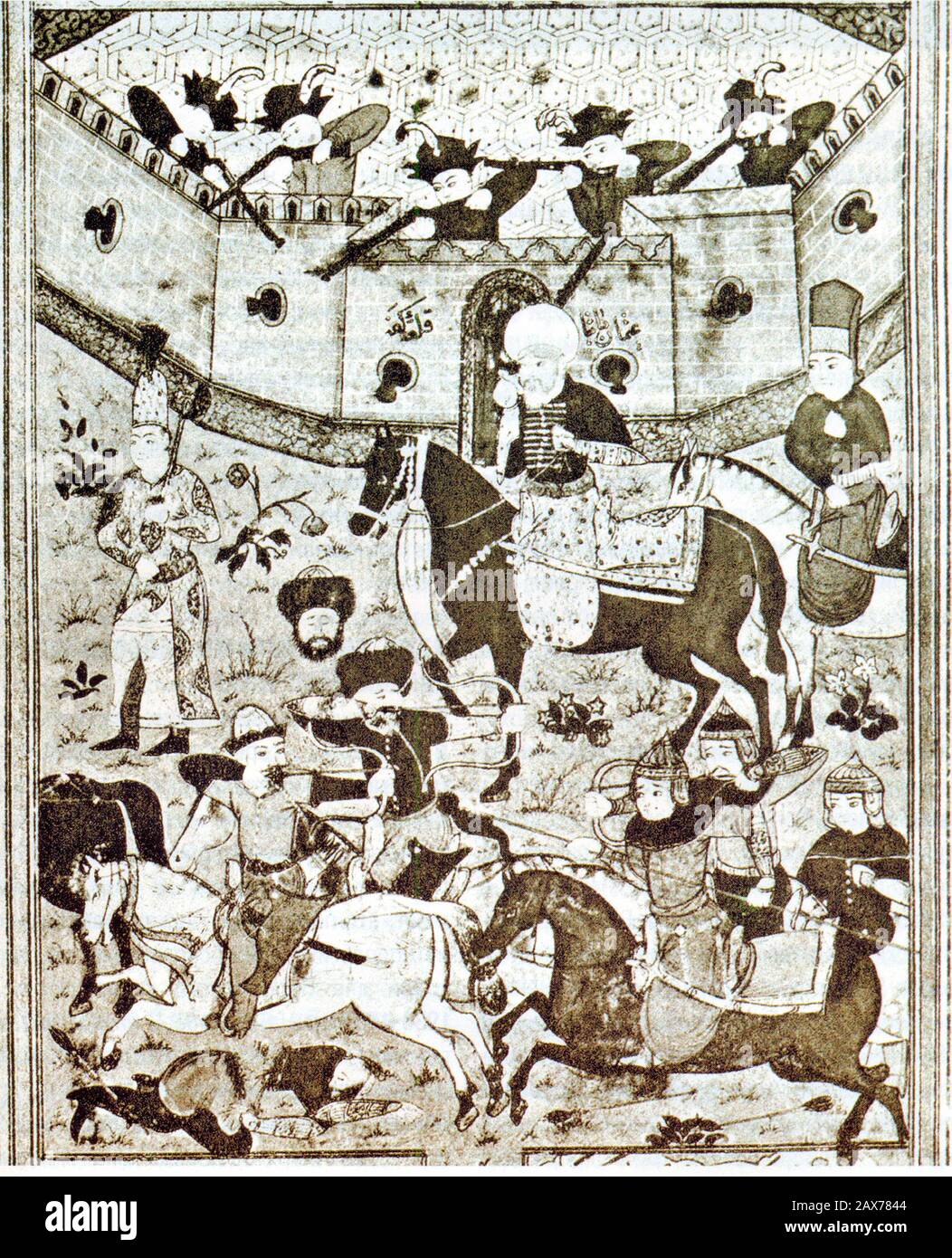 The battle at the walls of Kaffa in the Crimea. Ottoman miniature from ...