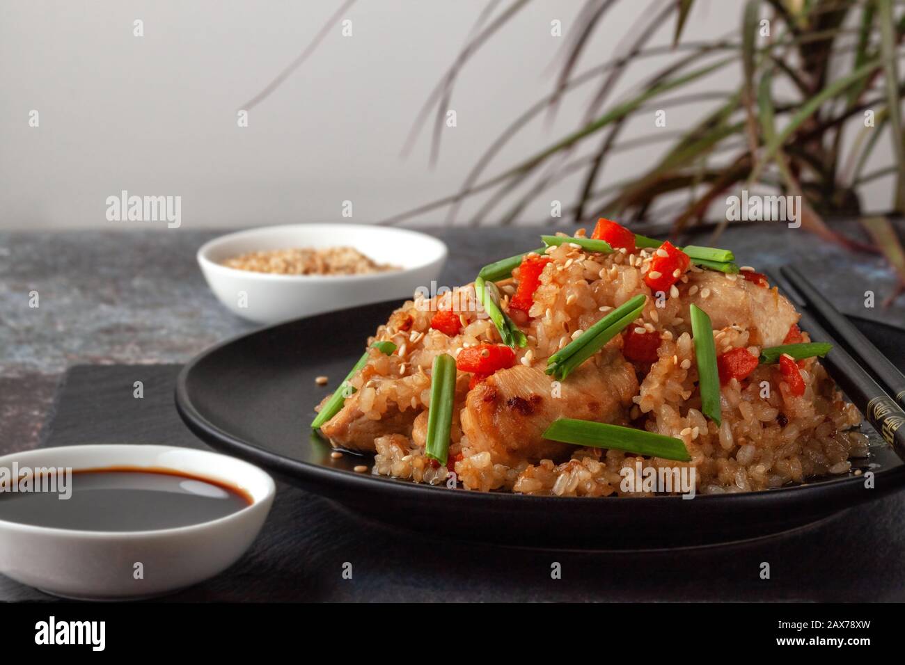 Tori chahan fried Japanese rice with vegetables and chicken in soy ...