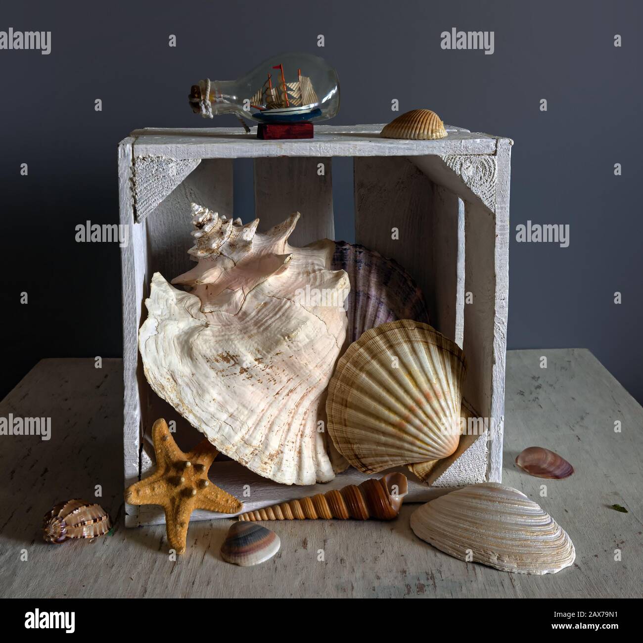 Still life with shells and a boat. A reminder of rest and travel ...