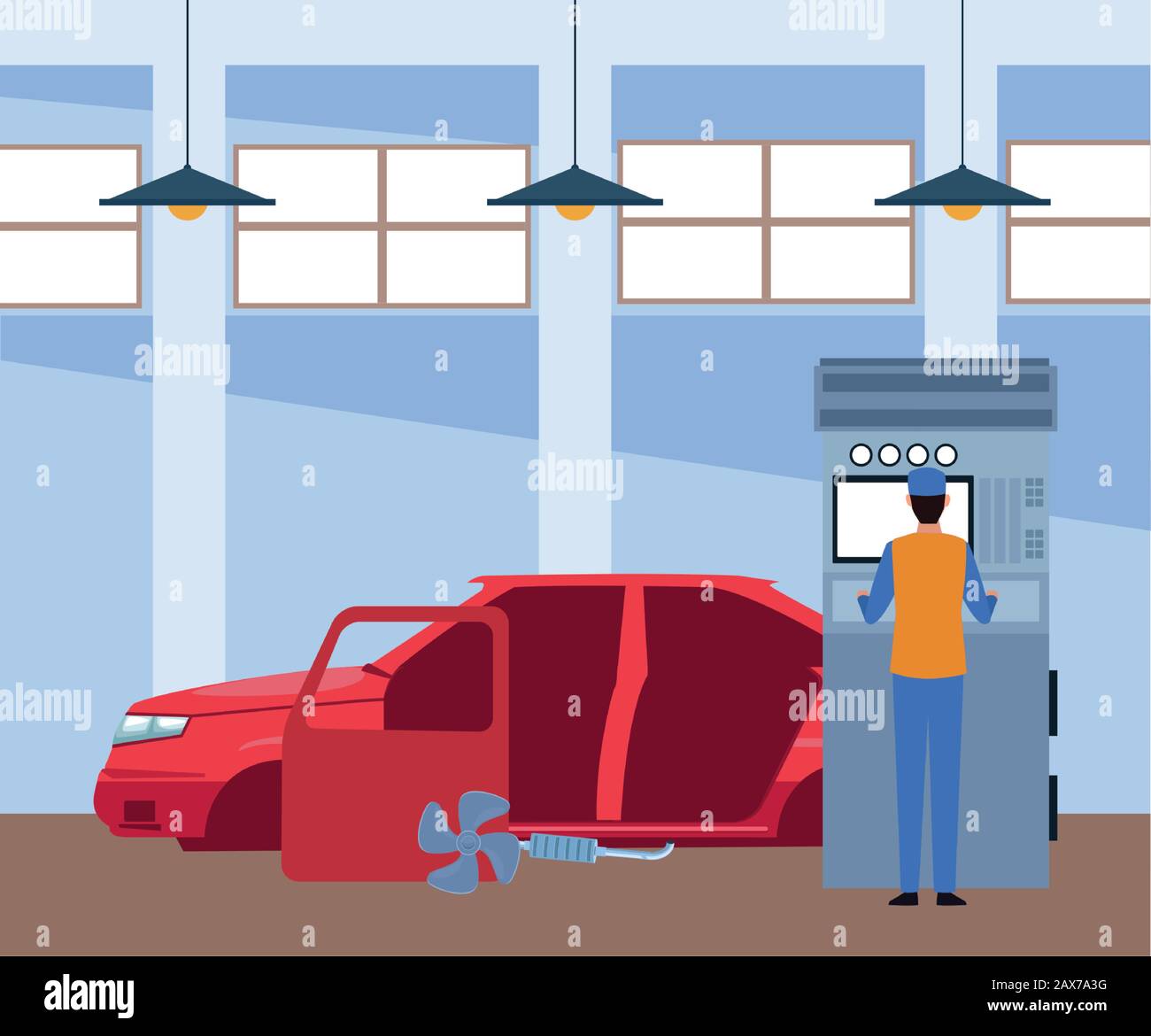 car repair shop scenery with red car body and mechanic working on ...