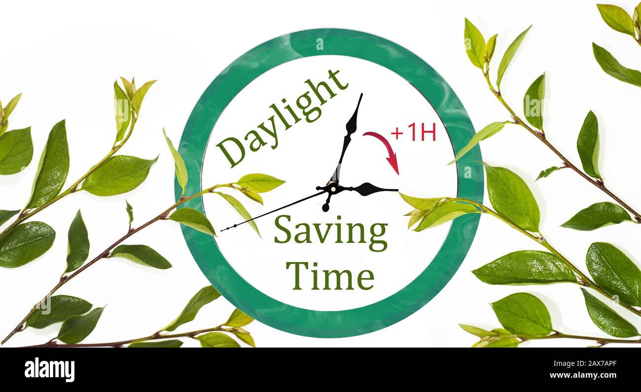 Daylight Saving Time (DST). Blue sky with white clouds and clock. Turn ...