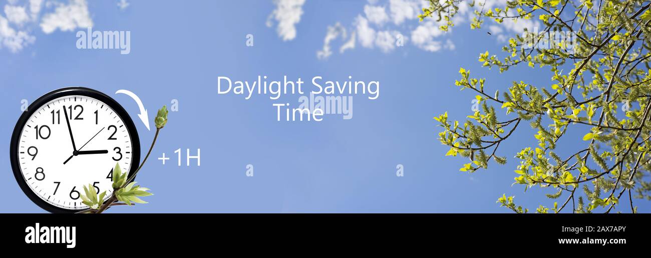 Daylight Saving Time (DST). Blue sky with white clouds and clock. Turn ...