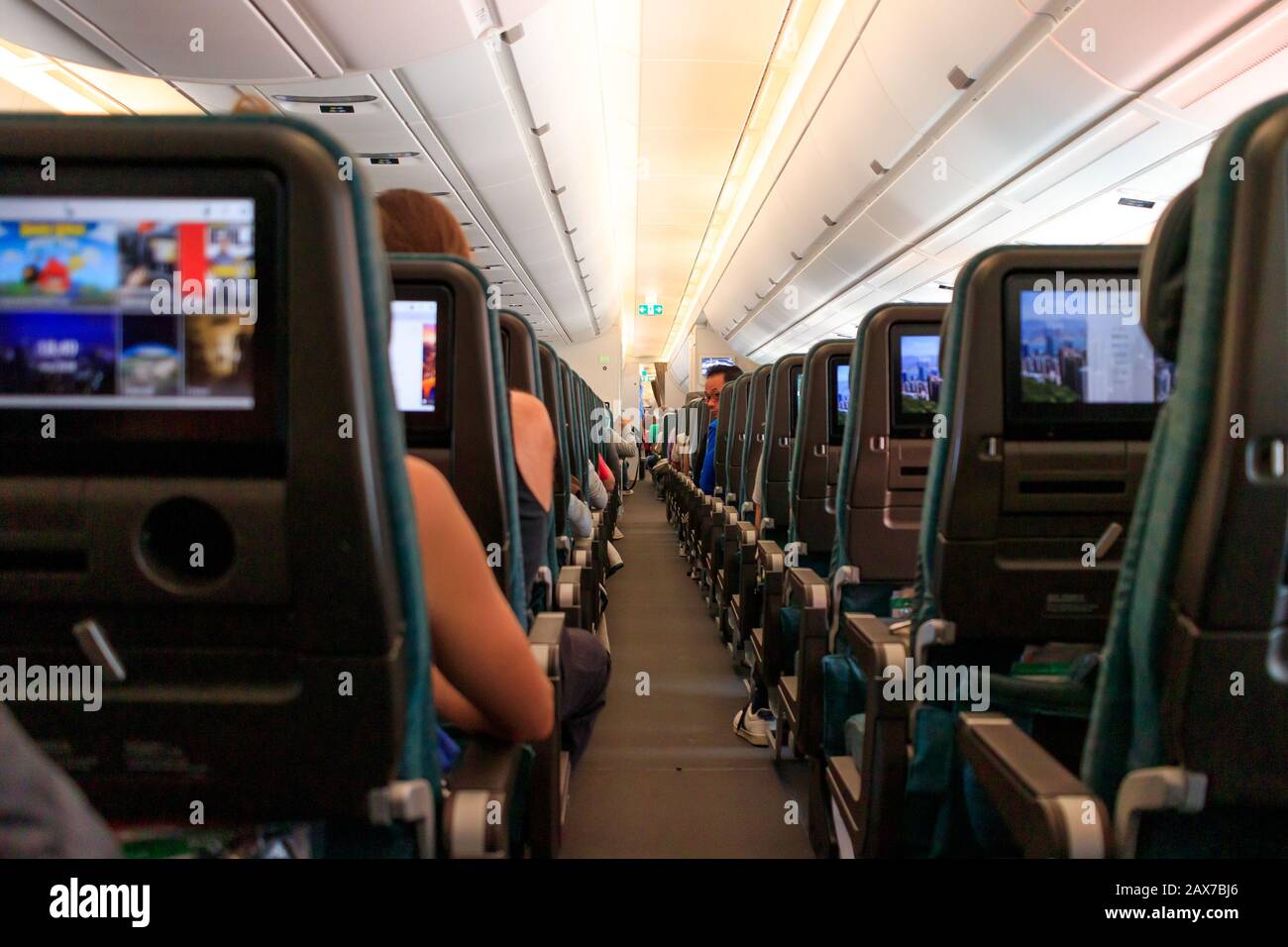 Schiphol, Netherlands - August 21, 2019: Inside Cathay Pacific flight ...