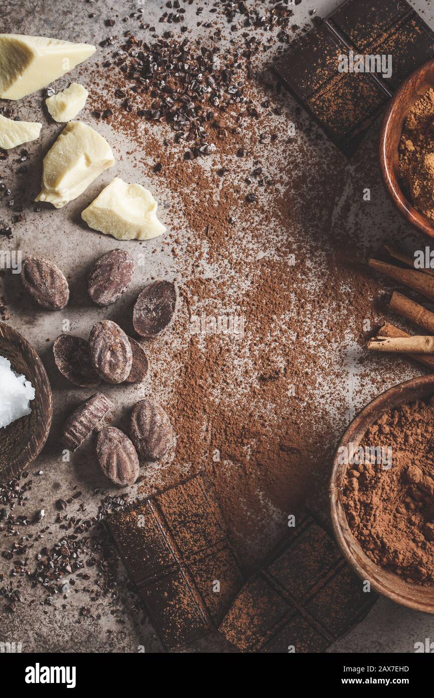 Ingredients for making chocolate background. Cocoa, cocoa butter, sugar ...