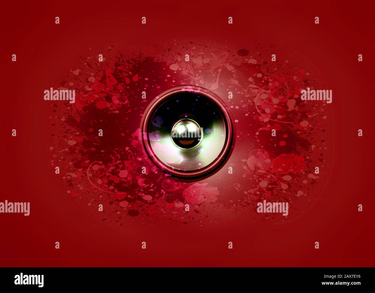 Spinning audio speaker on a dark red background with paint splatters ...
