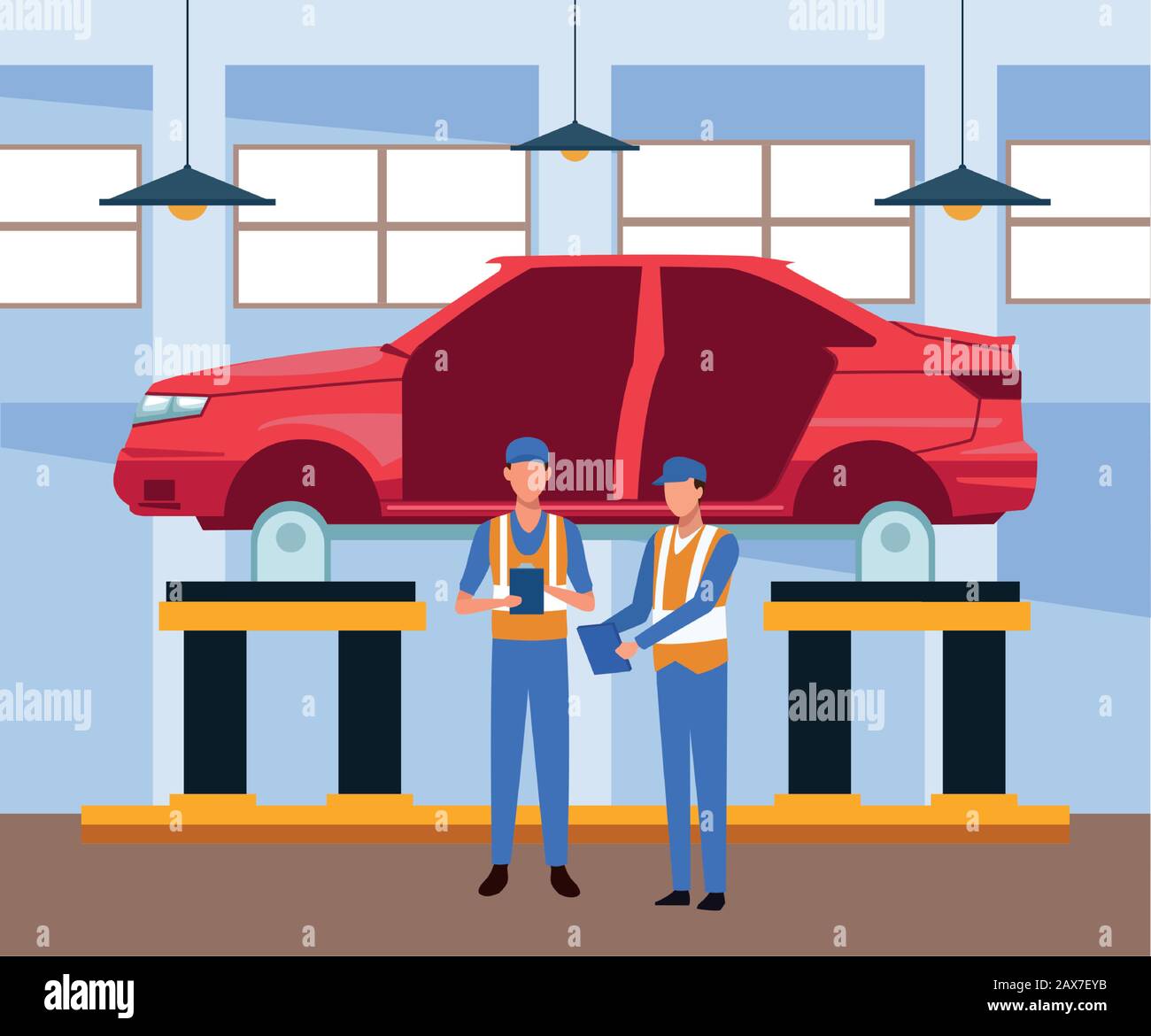 car repair shop scenery with mechanics standing over car lifted Stock ...