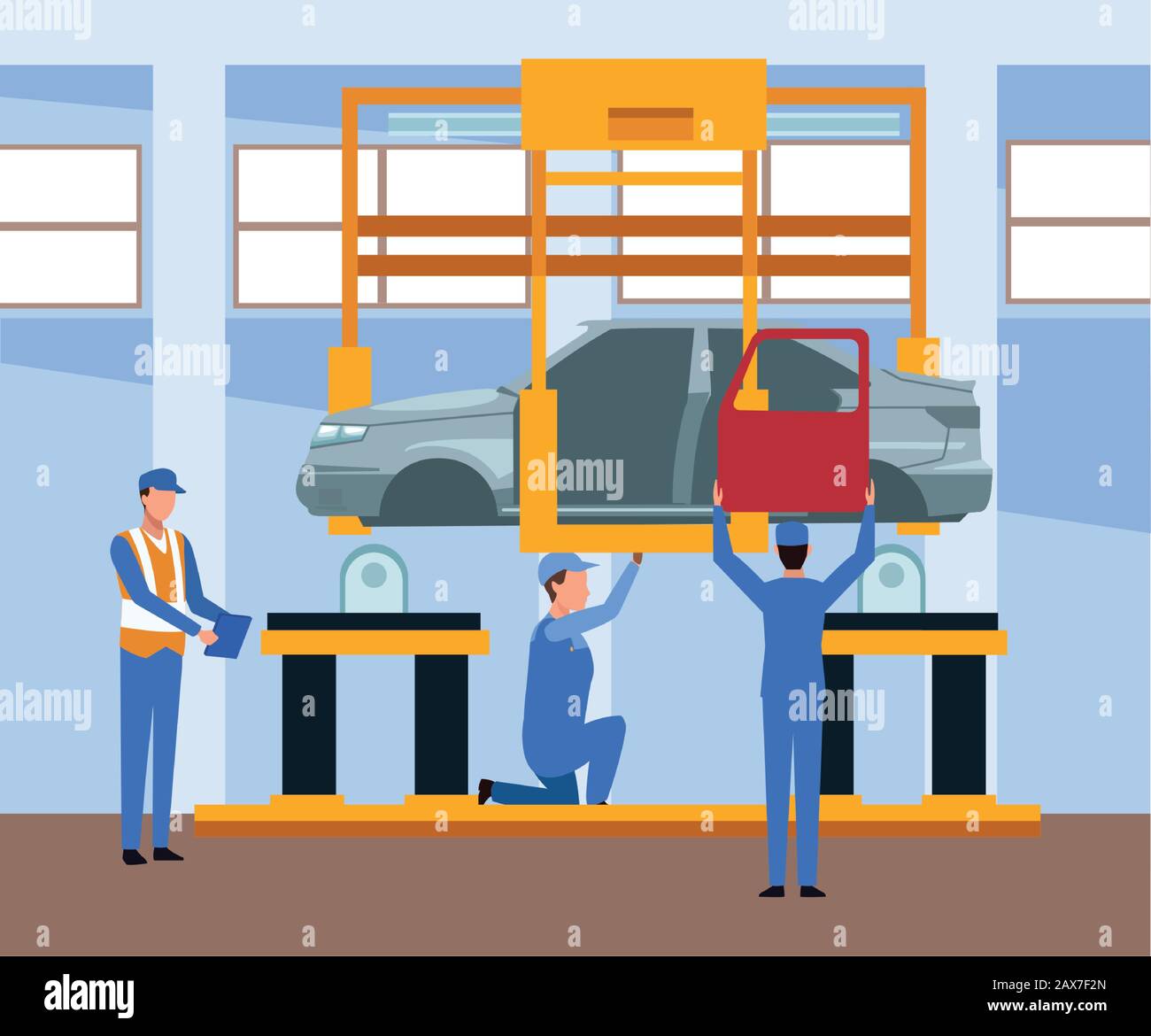 car repair shop scenery with mechanics working on car body Stock Vector ...