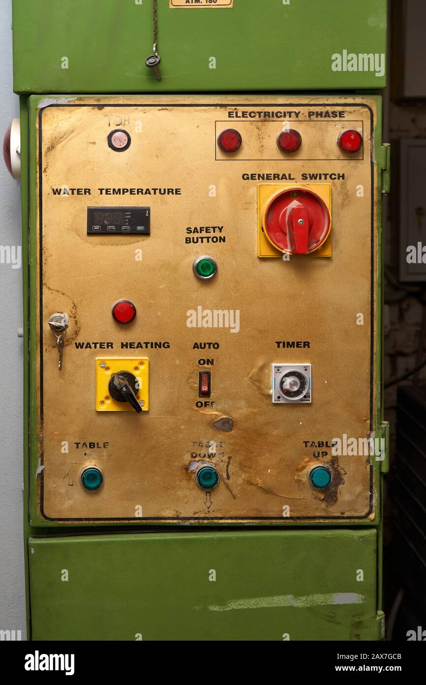 Hydraulic press control panel. Old hydraulic press machine in furniture ...