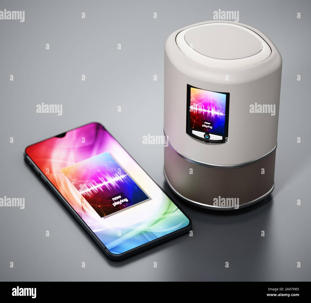 Smart speaker with LCD screen and smartphone playing music. 3D ...