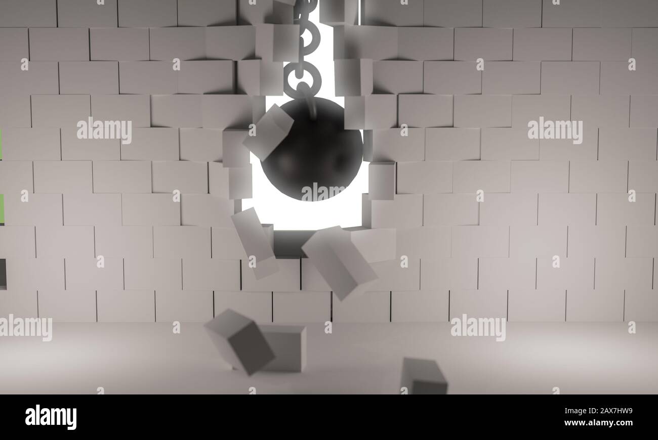wrecking ball smashing a brick wall 3d illustration Stock Photo - Alamy