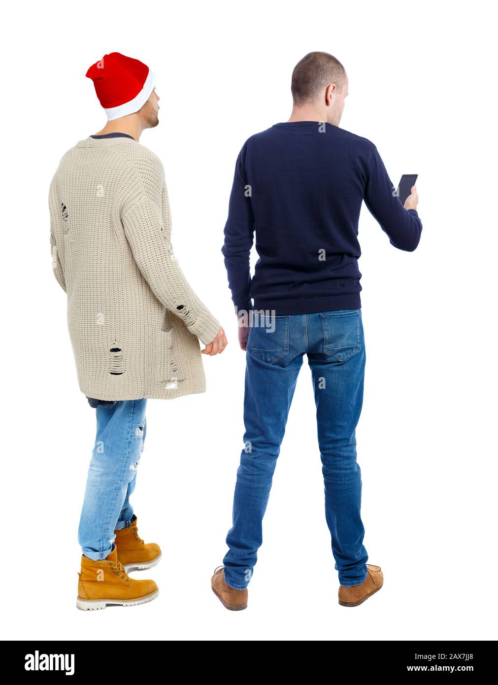 Back view of two man in sweater with mobile phone. Rear view people ...