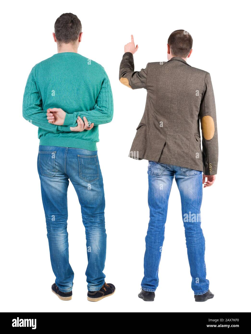 Back view of two man in sweater pointing. Rear view people collection ...