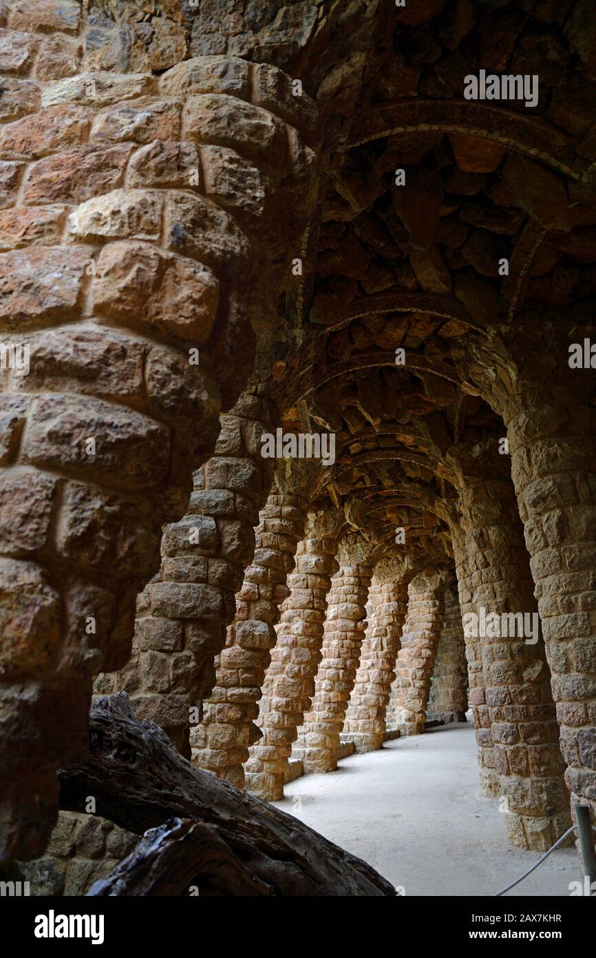 Parc Guell a garden overlooking Barcelona, designed and built by Guadi ...