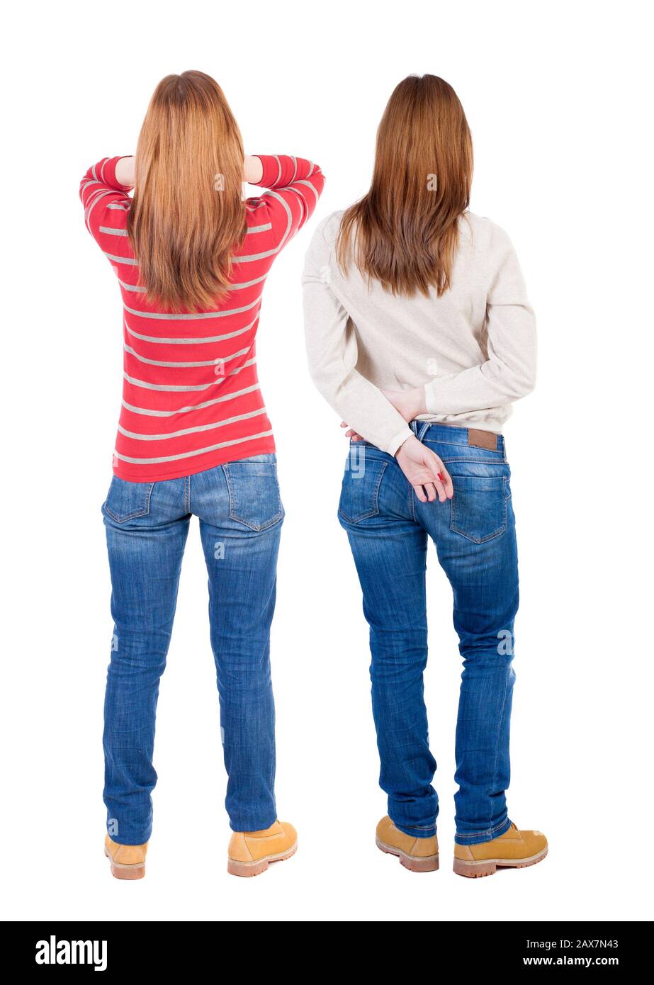 Back view of two woman in sweater. beautiful friendly girl and guy ...