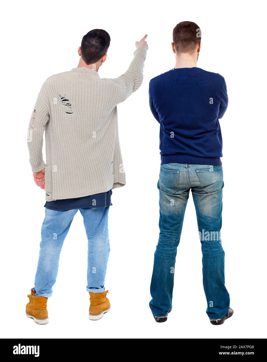 Back view of two man in sweater pointing. Rear view people collection ...