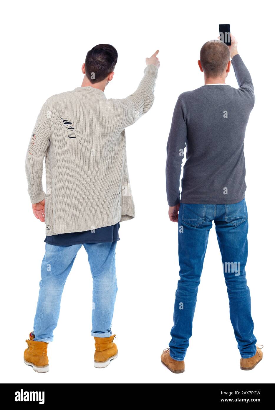 Back view of two man in sweater with mobile phone. Rear view people ...