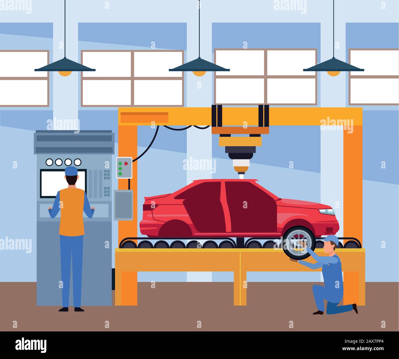 car repair shop scenery with mechanics and car lifted, colorful design ...
