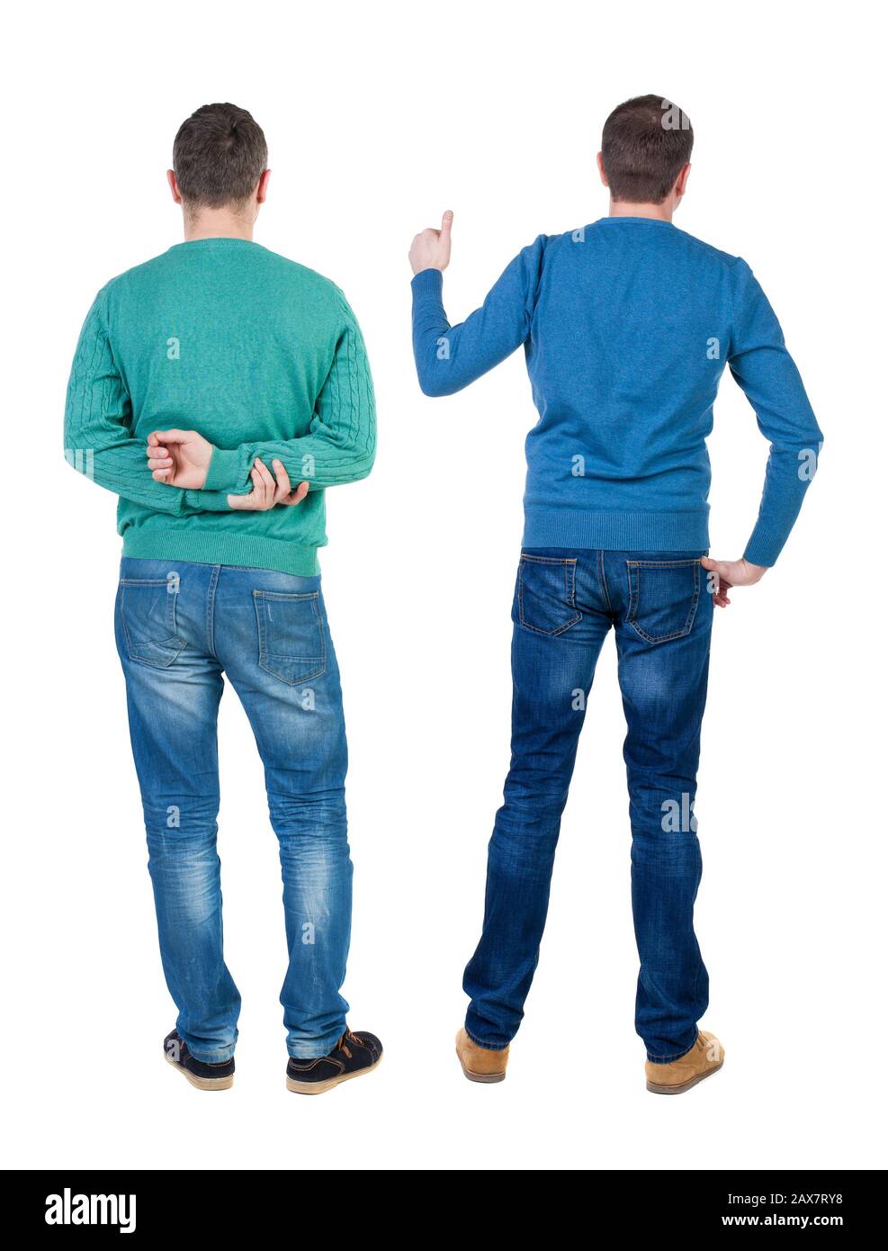 Back view of two man in sweater showing thumb up. Rear view people ...