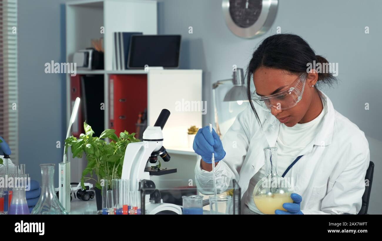 Multiracial female scientist in safety glasses using colleague's ...