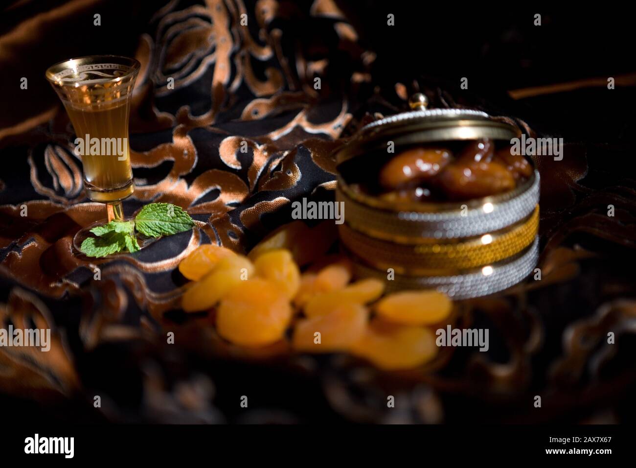 After meal Arabian delicacies, dates & Gawa (Arabian coffee Stock Photo ...