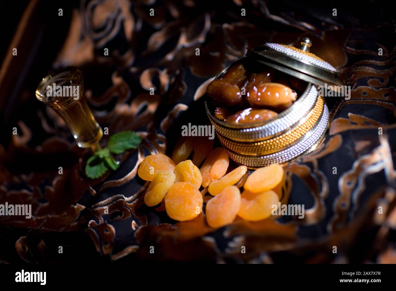 After meal Arabian delicacies, dates & Gawa (Arabian coffee Stock Photo ...