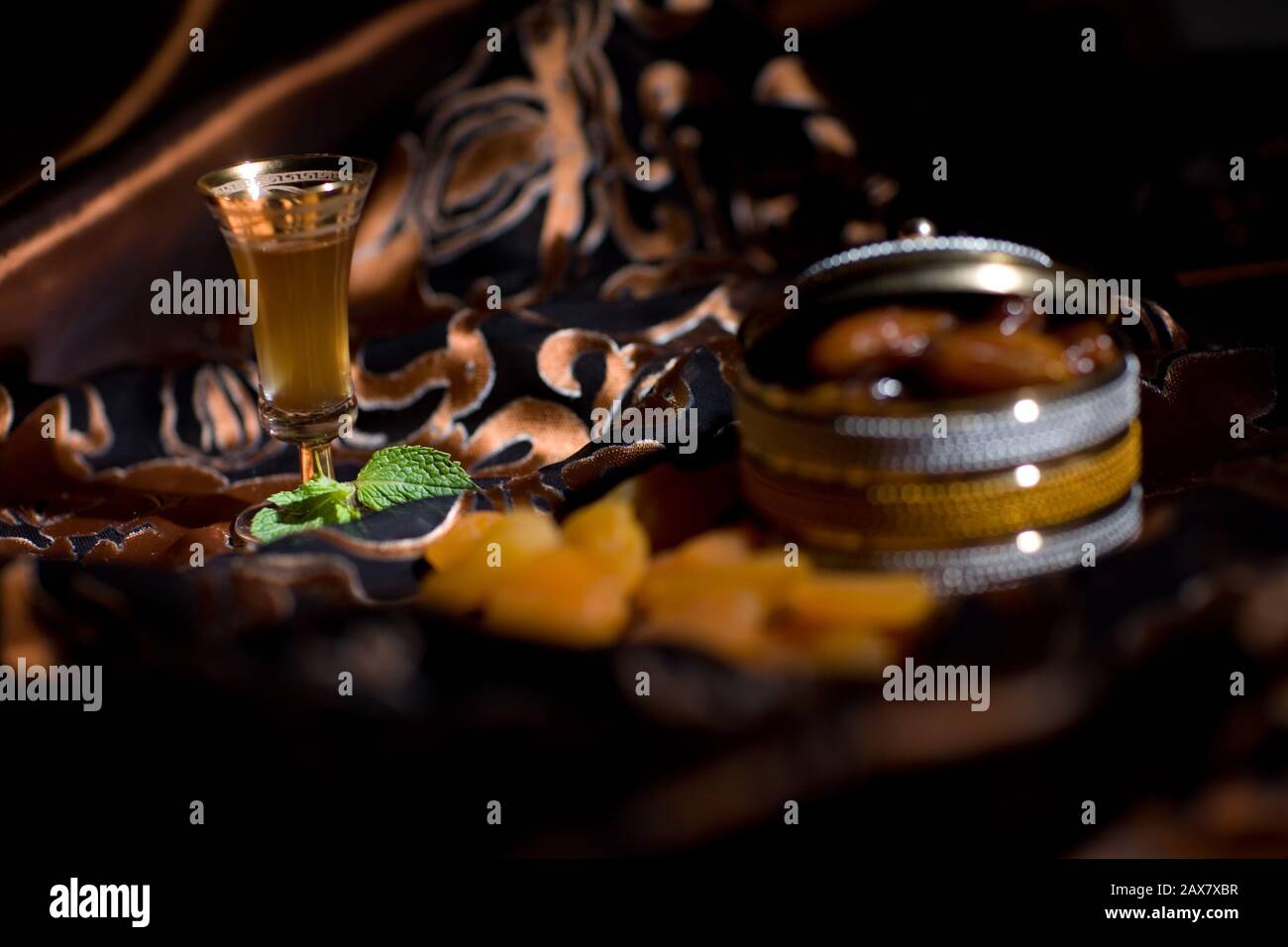 After meal Arabian delicacies, dates & Gawa (Arabian coffee Stock Photo ...