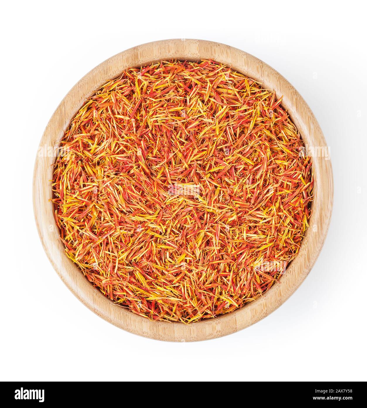 Dried saffron in wooden bowl isolated on white background with clipping ...