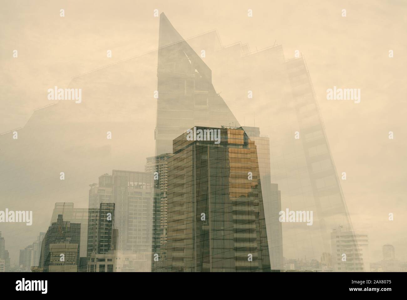 Portrait Of Multiple Exposure Of Tall Corporate Buildings Stock Photo ...