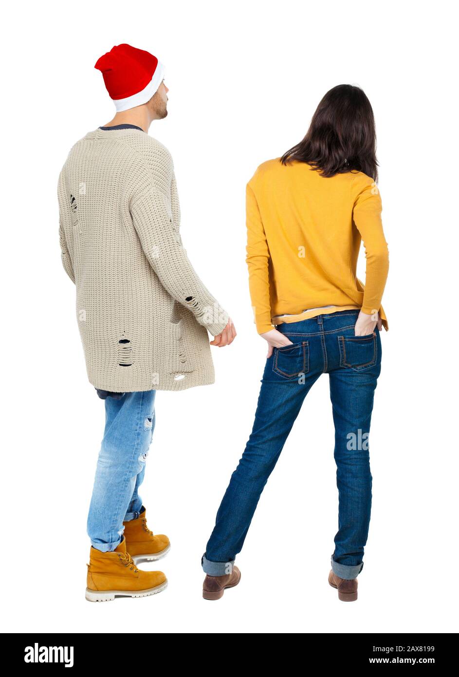 Back view of couple in sweater. beautiful friendly girl and guy ...