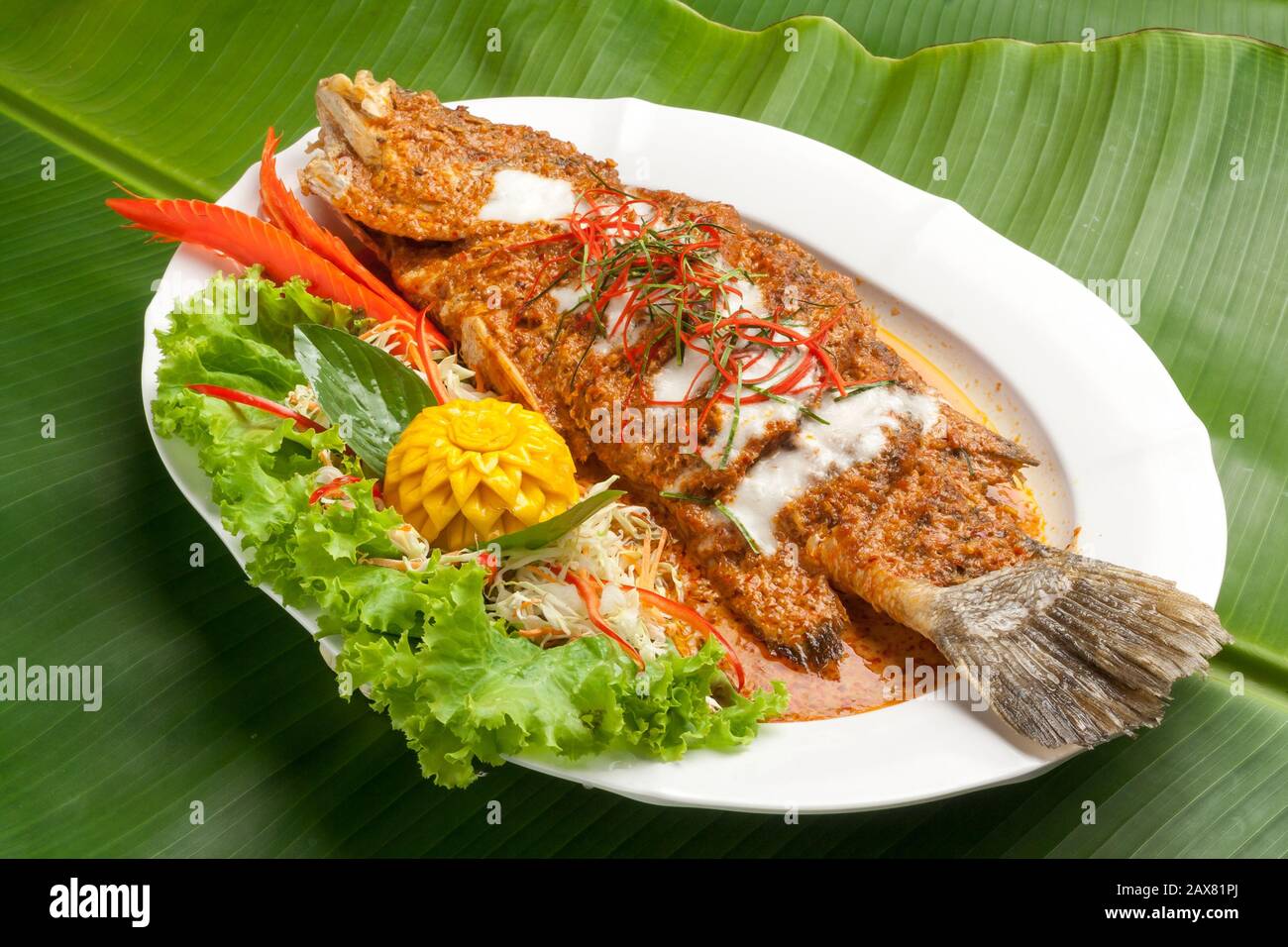 Deep fried fish and chili sauce, Thai traditional food style, Pla Rad ...