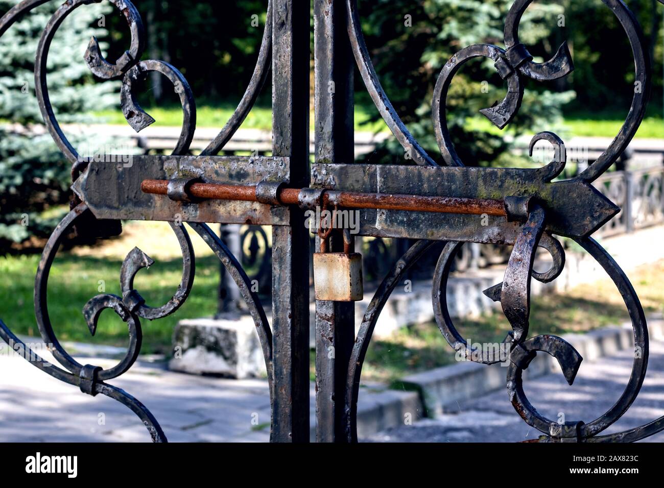 Old forged gate and lock on the background of the forest Stock Photo ...