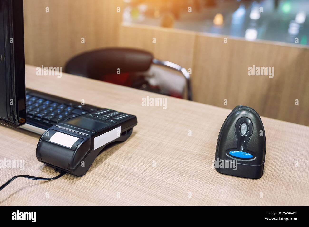 Emty cashier desk counter POS terminal with barcode scanner, receipt ... Emty cashier desk counter POS terminal with barcode scanner, receipt ...