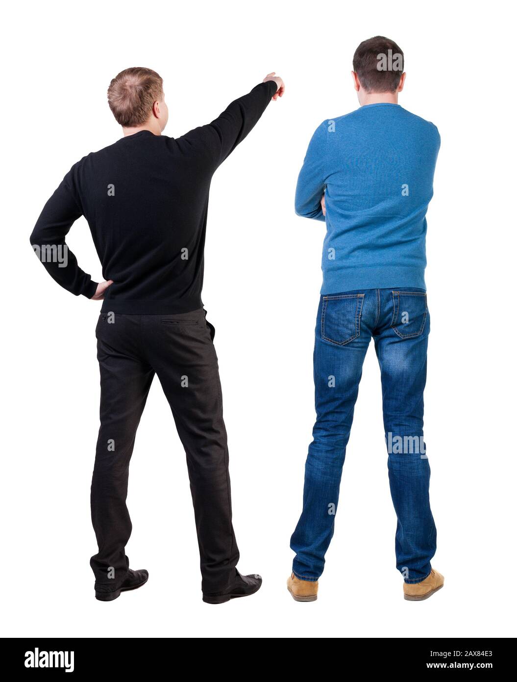 Back view of two man in sweater pointing. Rear view people collection ...