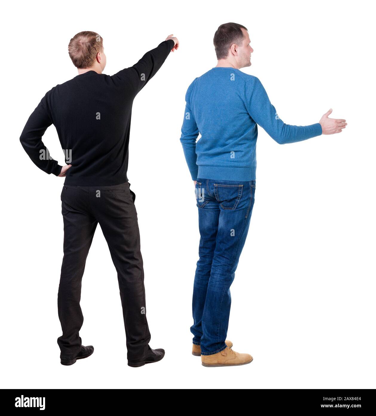 Back view of two man in sweater pointing. Rear view people collection ...