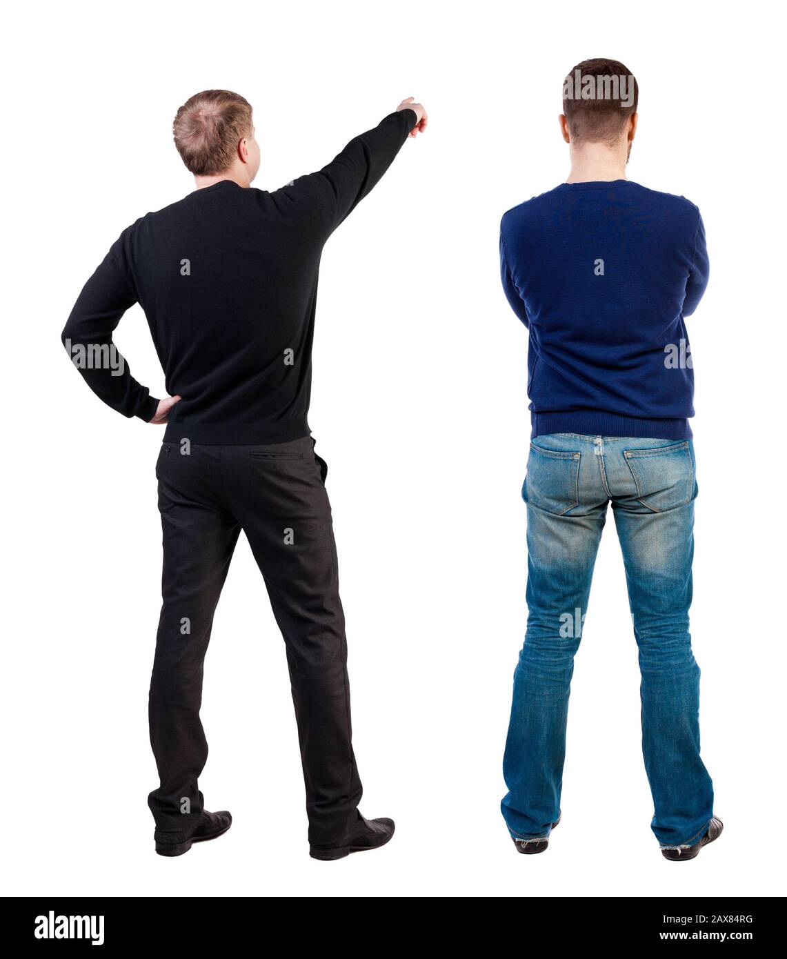 Back view of two man in sweater pointing. Rear view people collection ...