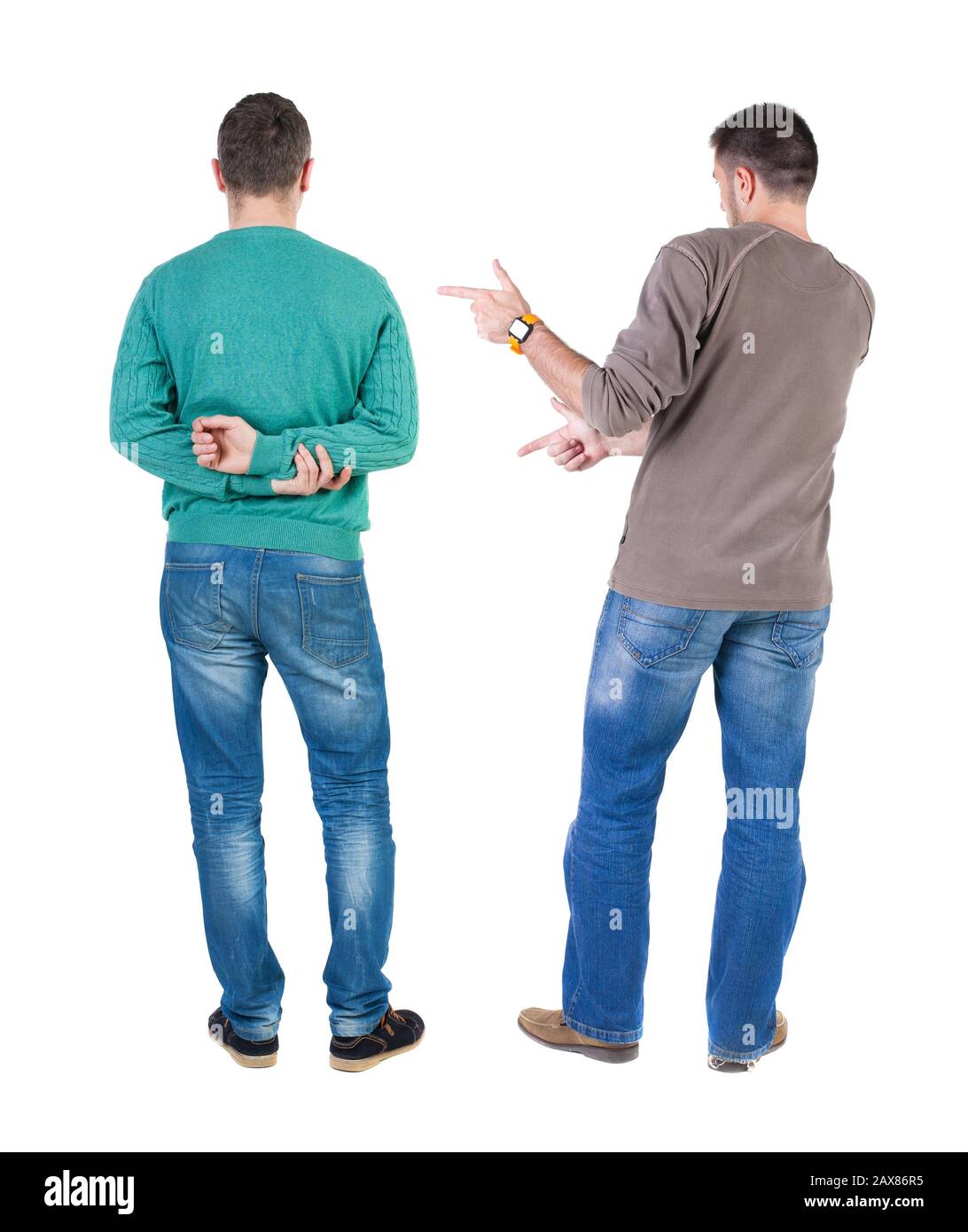 Back view of two man in sweater pointing. Rear view people collection ...