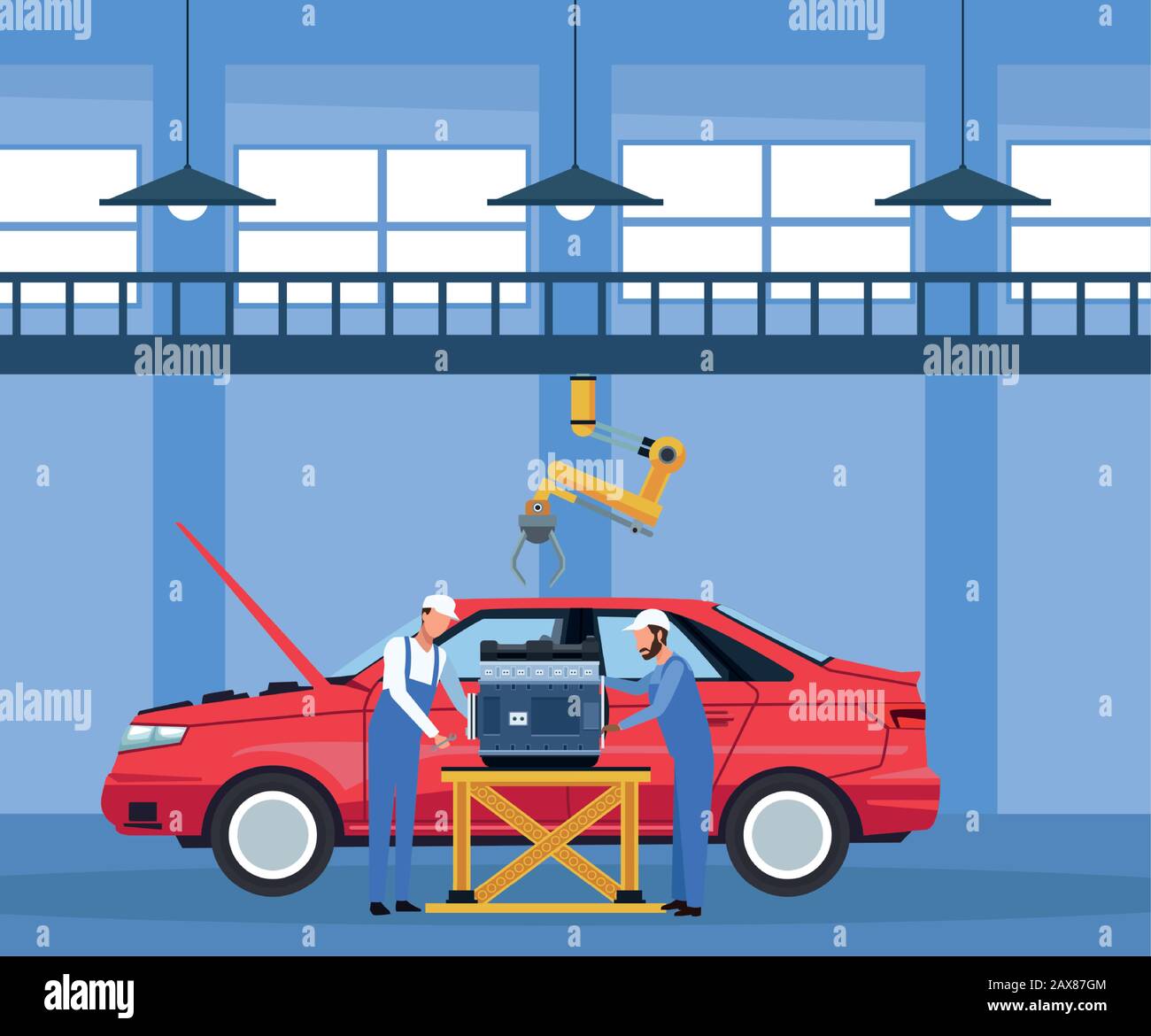 car workshop scenery with mechanics working on engine over red car ...