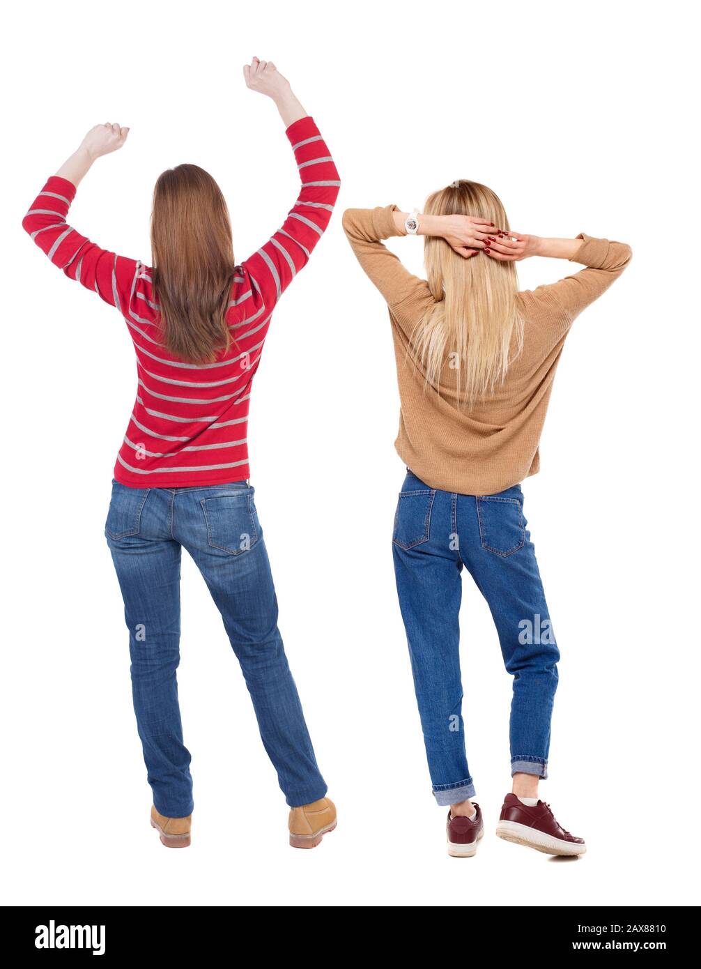 Back view of two woman in sweater. beautiful friendly girl and guy ...