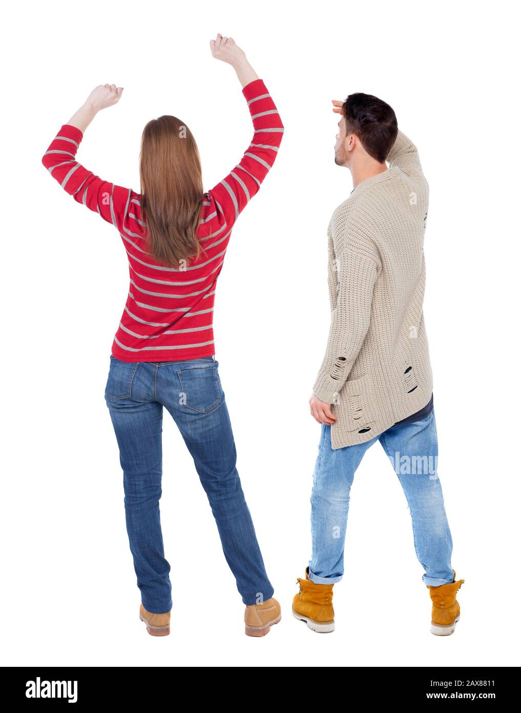 Back view of couple in sweater. beautiful friendly girl and guy ...